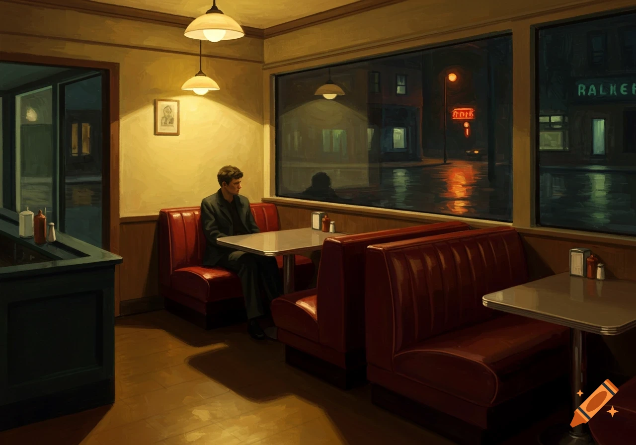 A retro illustrated diner with red booths, a black and white checkered ...