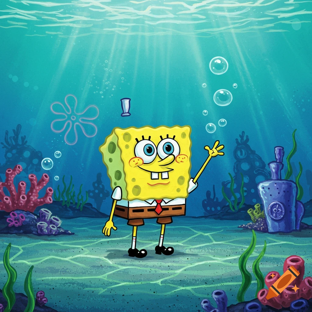 Spongebob Squarepants waving underwater amidst coral, bubbles, and ...
