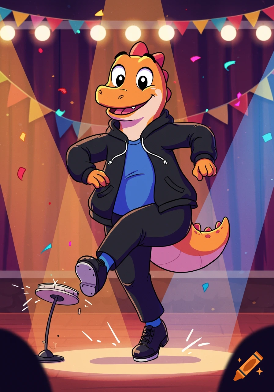 A friendly cartoon alligator wearing a top hat, tuxedo, and tap shoes ...