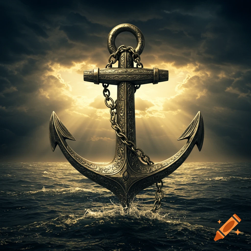 An ornate, gilded anchor with chains rising from stormy, dark blue ...