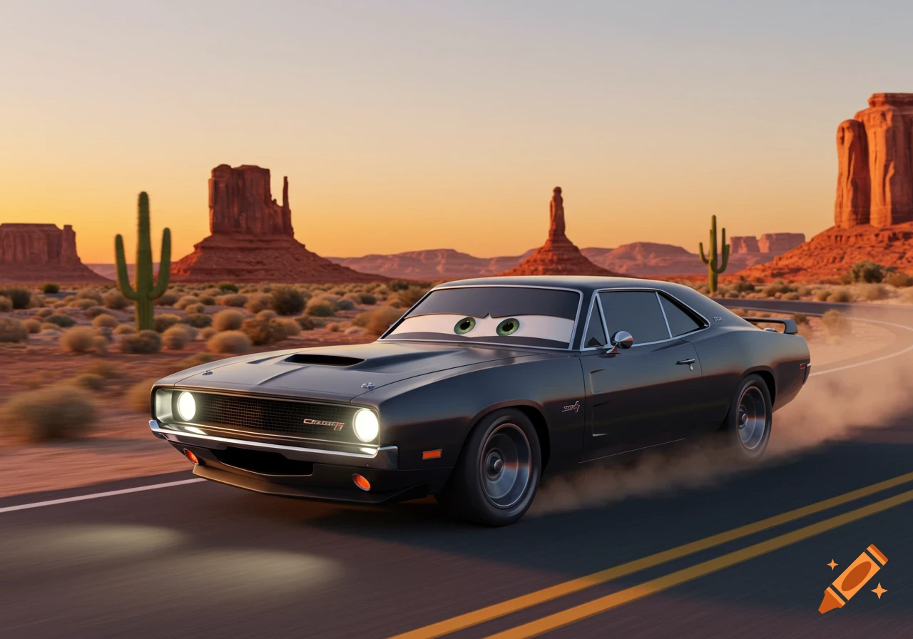 A low-angle, photorealistic shot of a shiny red classic car with chrome ...