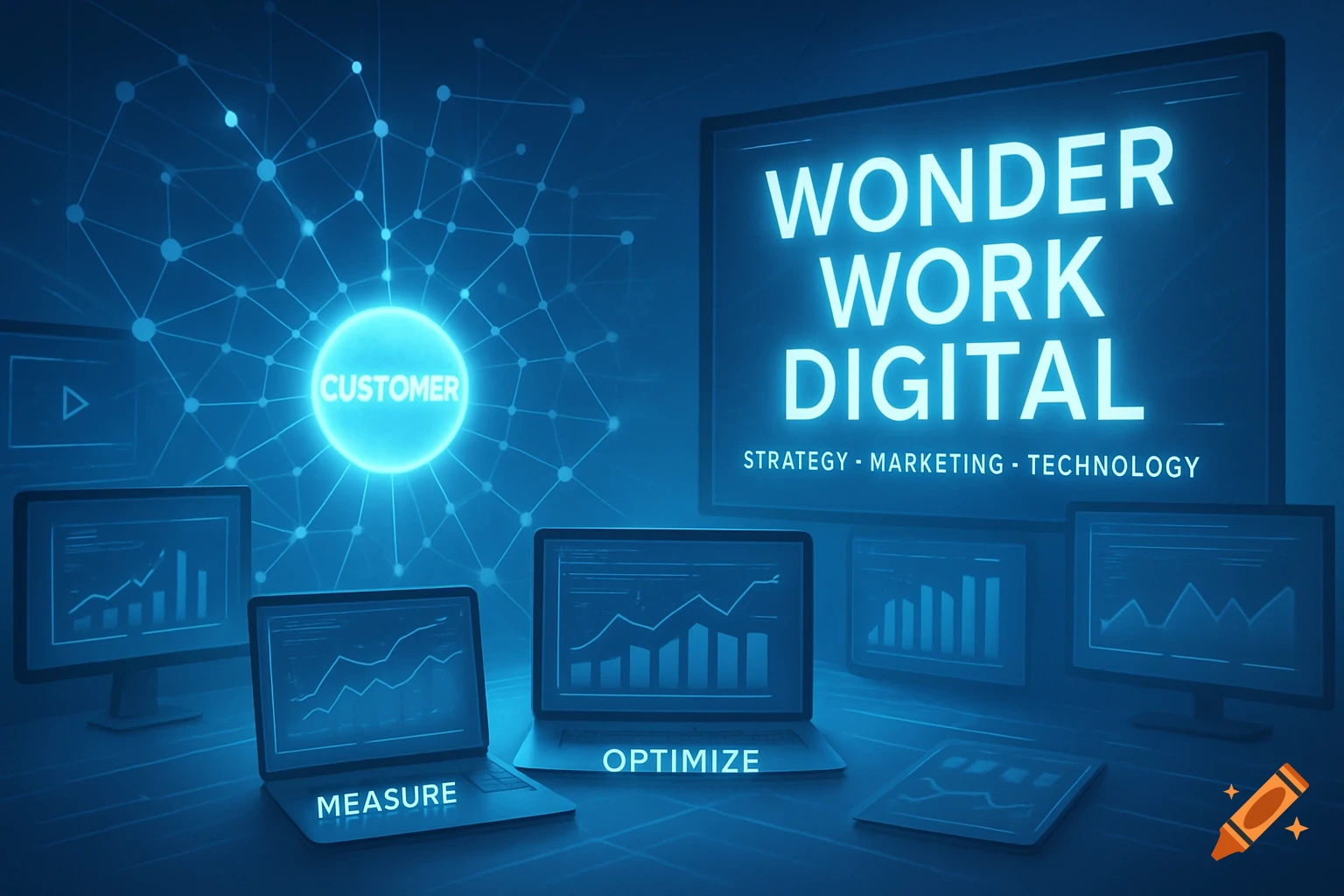 Digital blue graphic with network, 'CUSTOMER' node, 'WONDER WORK DIGITAL' screen, and laptops ...