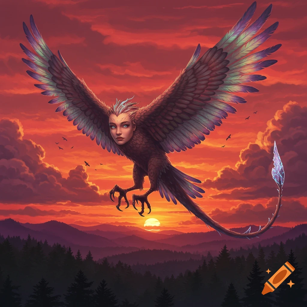 Large fantasy bird with a human face and a stinger tail flies over a ...