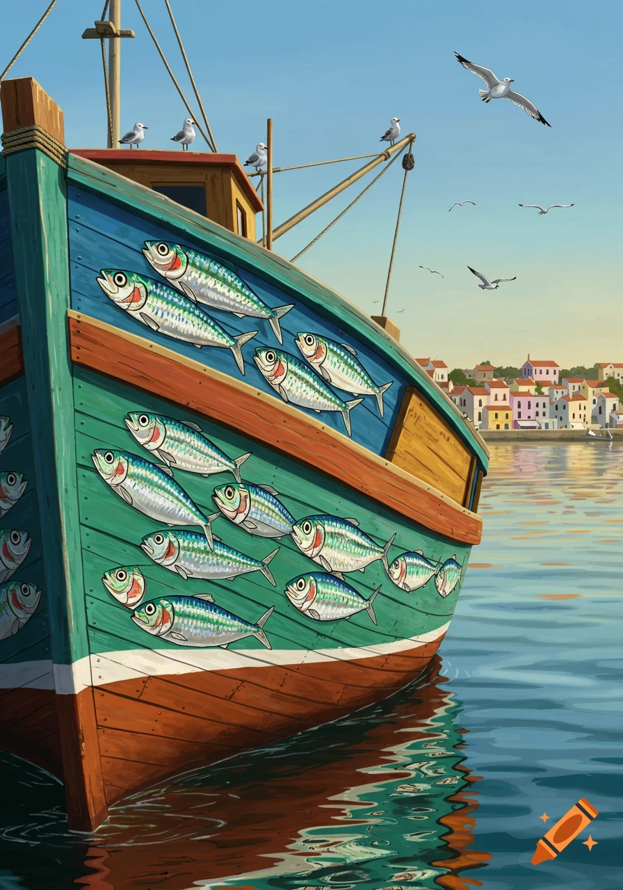 Acrylic painting in naive art style of a colorful abstract coastal ...