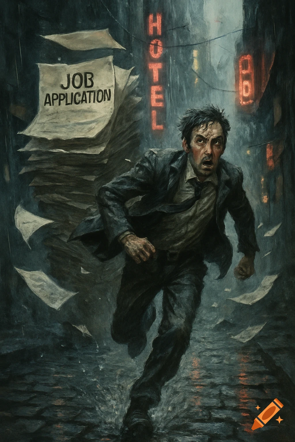 Somber illustration of a man chained, burdened by swirling 'JOBCENTER ...