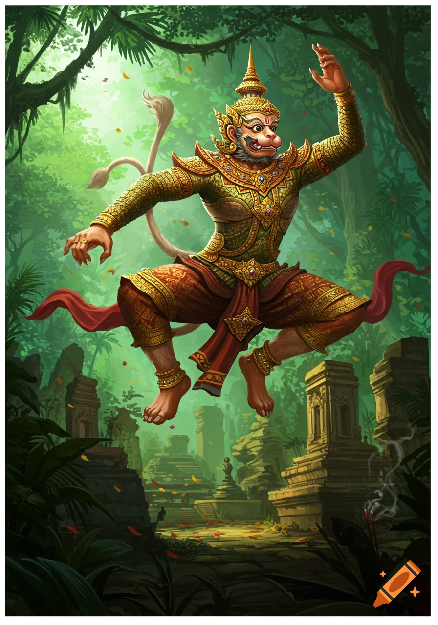 A vibrant illustration of Hanuman, a monkey-like deity, leaping in a ...