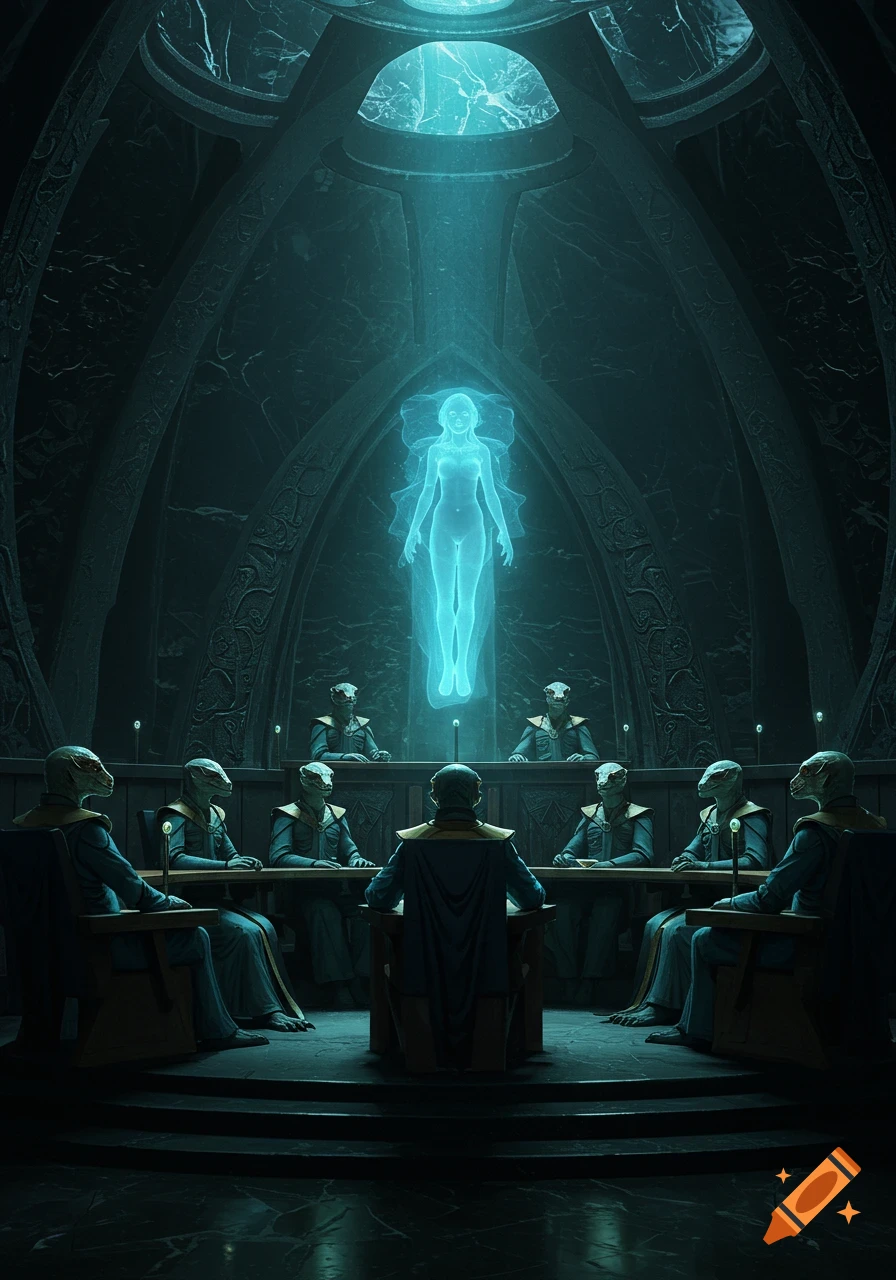 Reptilian alien council observing a glowing holographic female figure ...