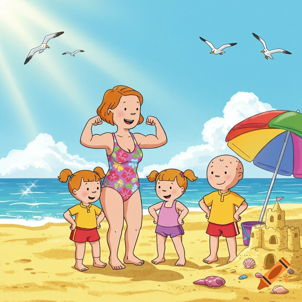 A cartoon mother in a red swimsuit flexes her muscles at the beach ...