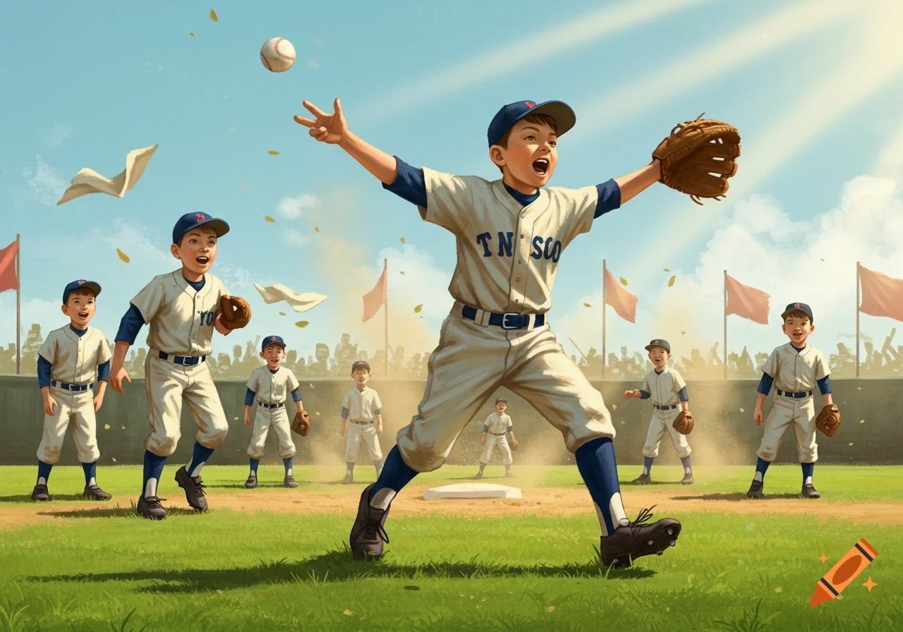 Illustrated scene of young boys playing baseball on a sunny field, with ...