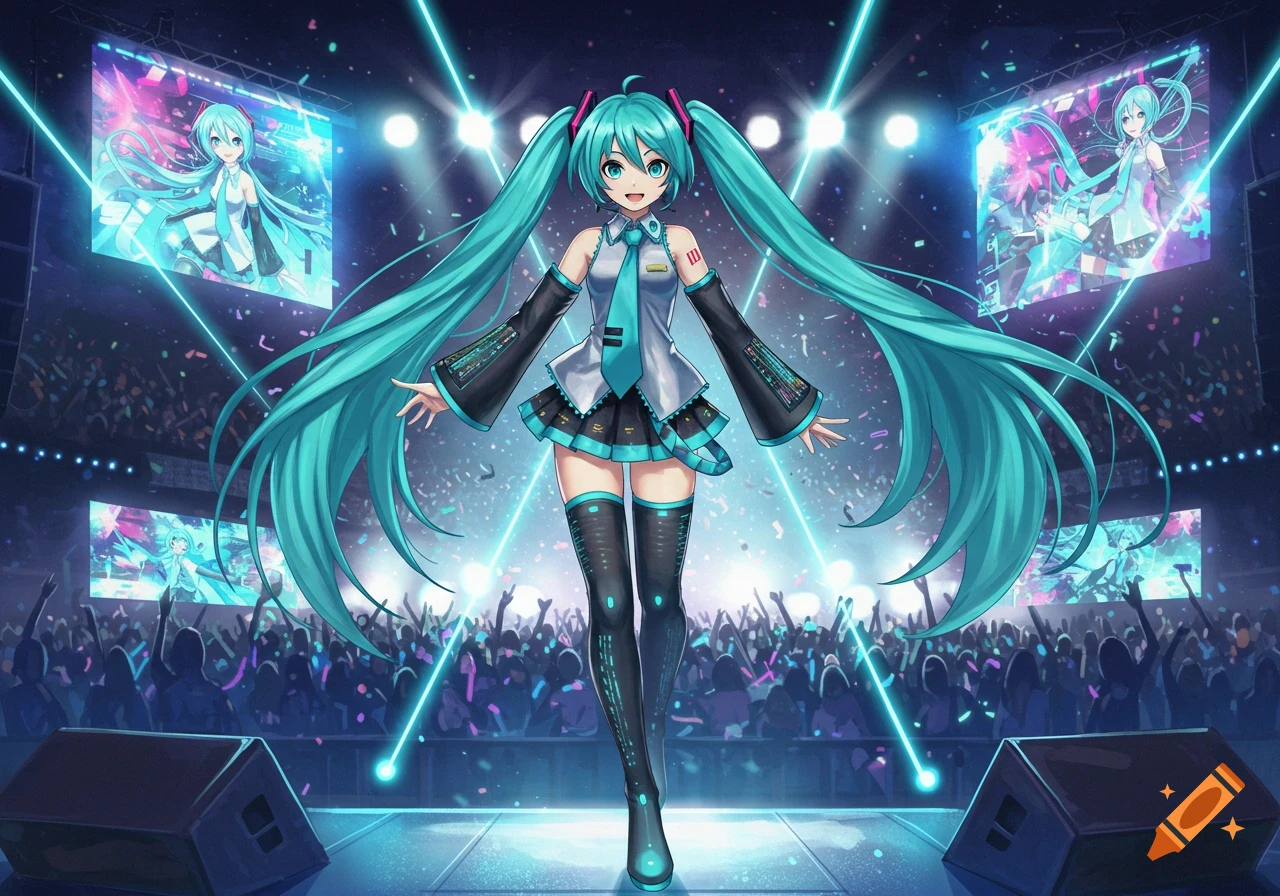 Hatsune Miku performs on stage at a vibrant concert with glowing lights ...