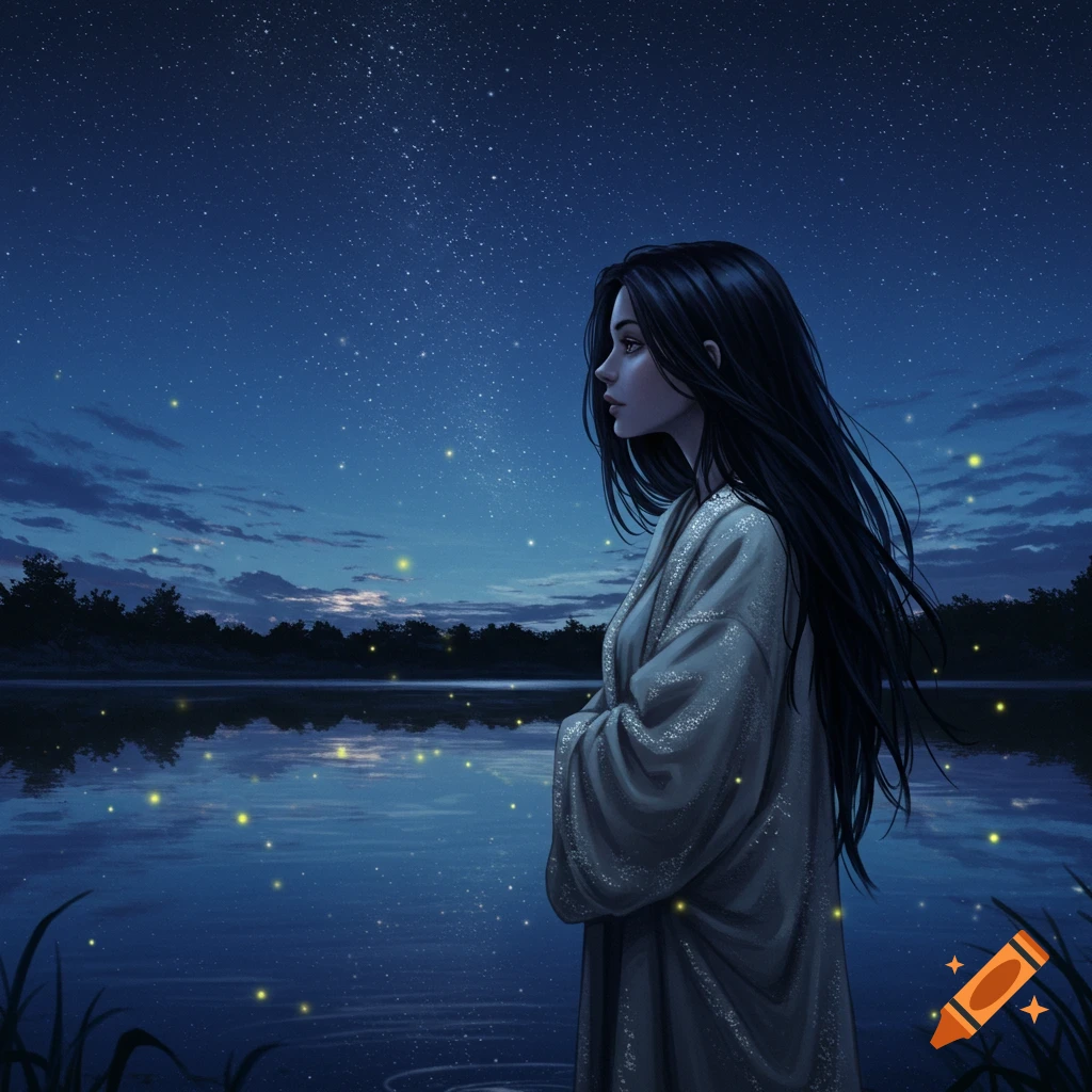 A long-haired woman stands by a starry lake at night, surrounded by ...