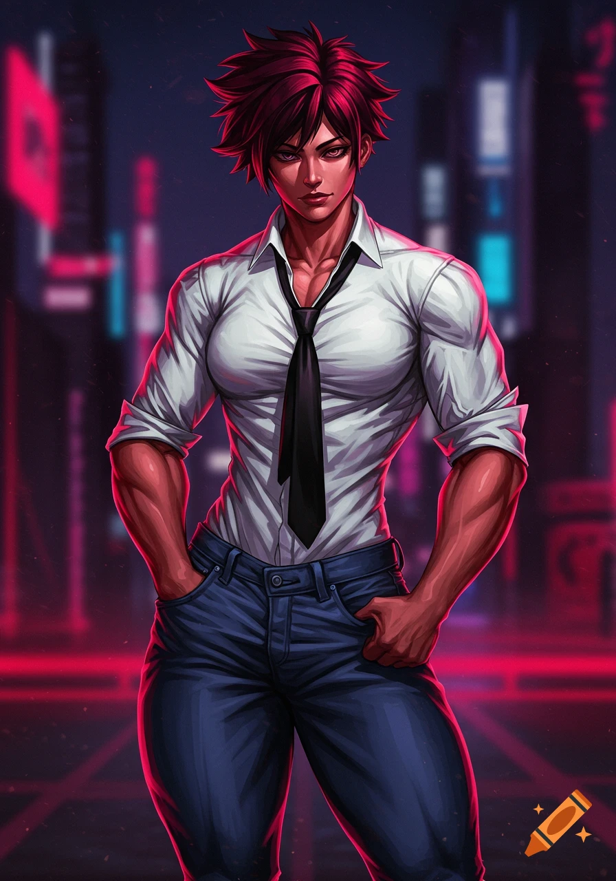 A muscular anime woman with spiky red and black hair, in a white shirt ...