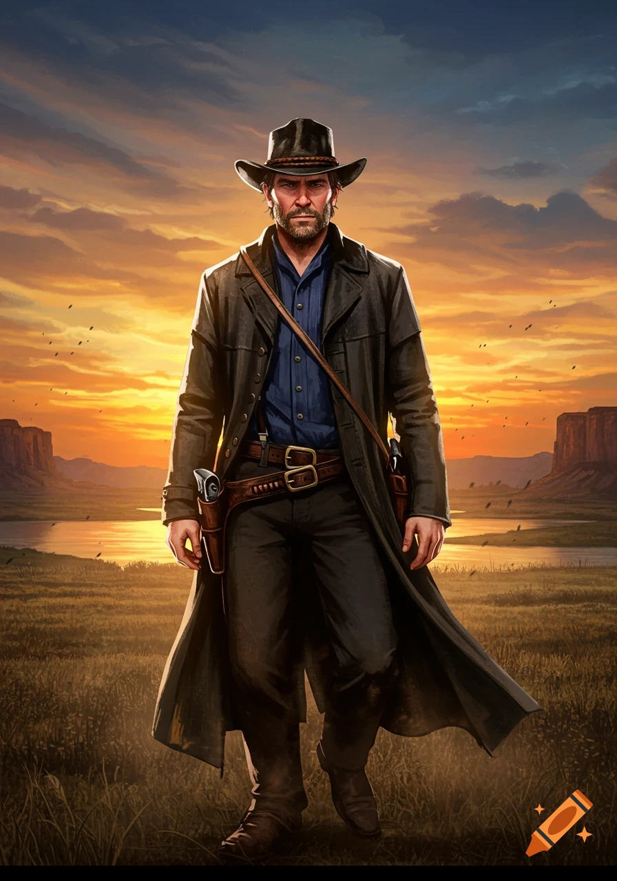 A rugged man in a cowboy hat and duster coat stands in a western ...