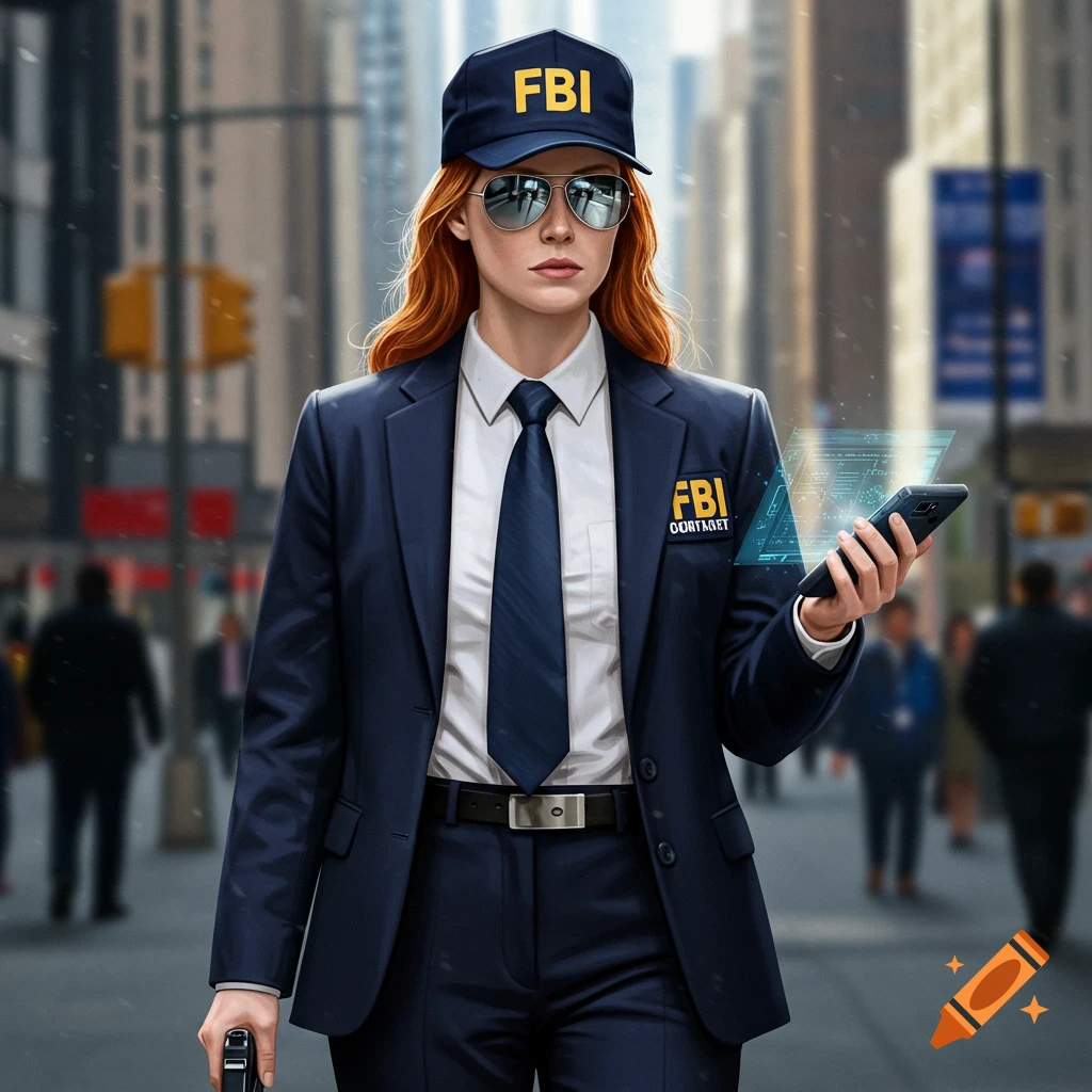 Red-haired female FBI agent in a suit, cap, and sunglasses holds a phone with a holographic ...