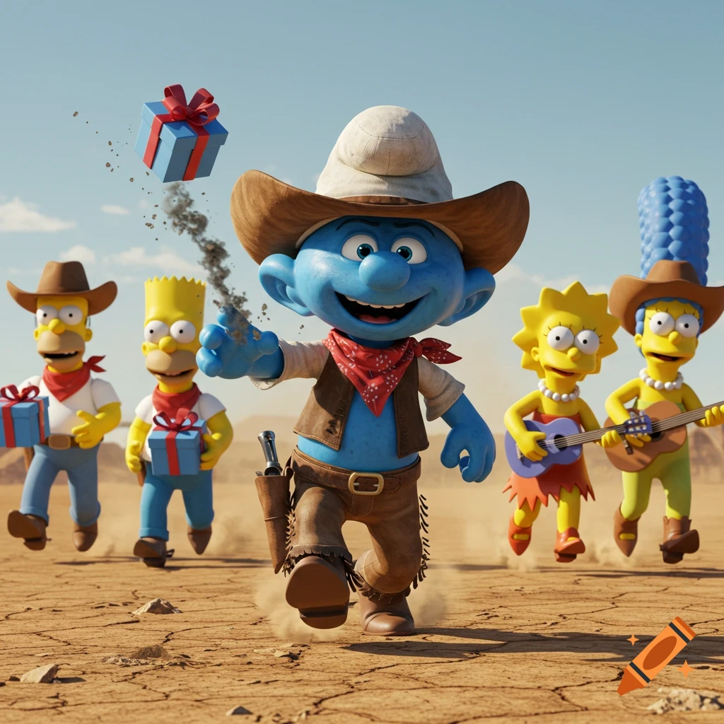 Photorealistic image of cowboy Jokey Smurf with an exploding gift ...