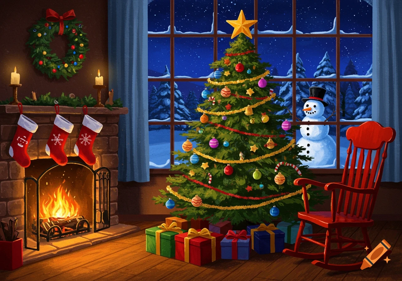 A snowy, painterly Christmas scene with a cottage, a decorated ...