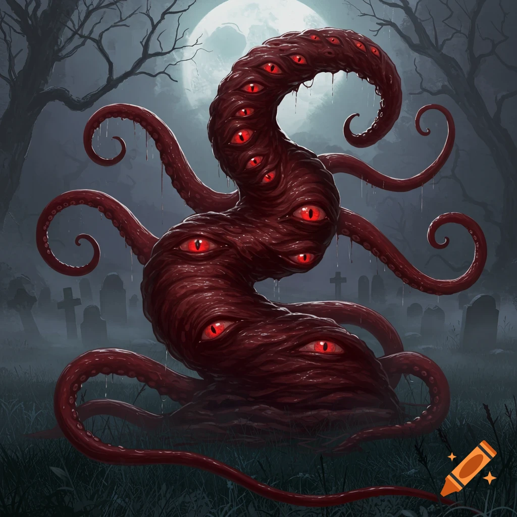 A grotesque red monster with many glowing eyes and tentacles in a dark ...