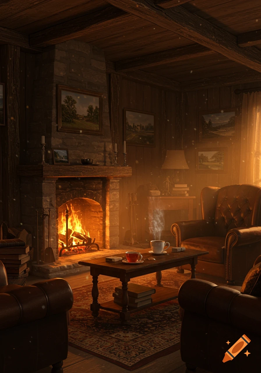 A warmly lit, cozy living room illustration with a crackling fireplace ...