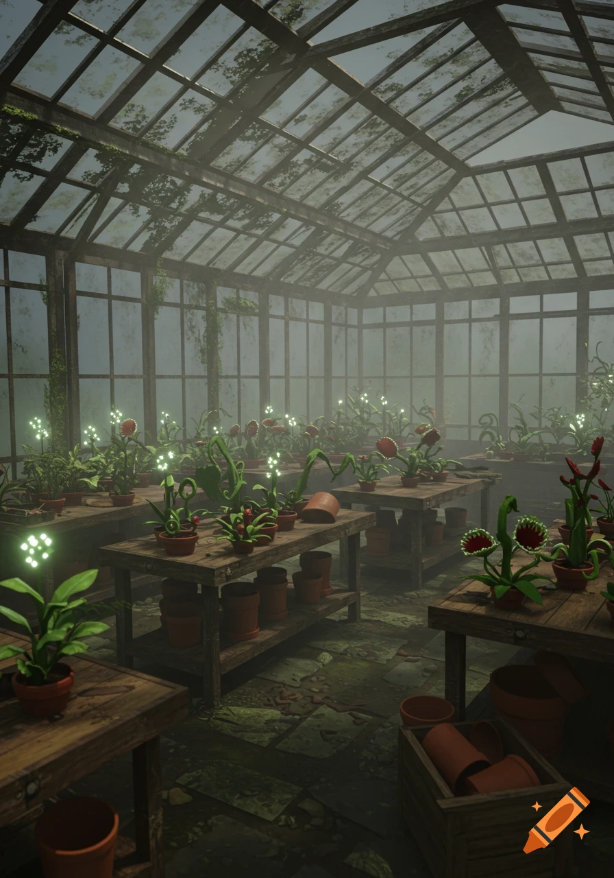 A moody, mist-filled greenhouse with glowing magical plants and ...