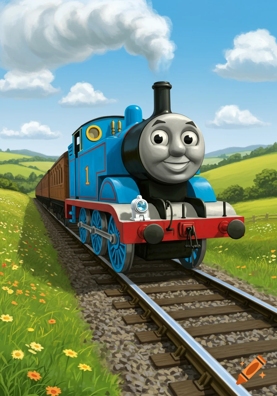 A friendly blue train named Gordon with a smiling face puffs smoke on ...