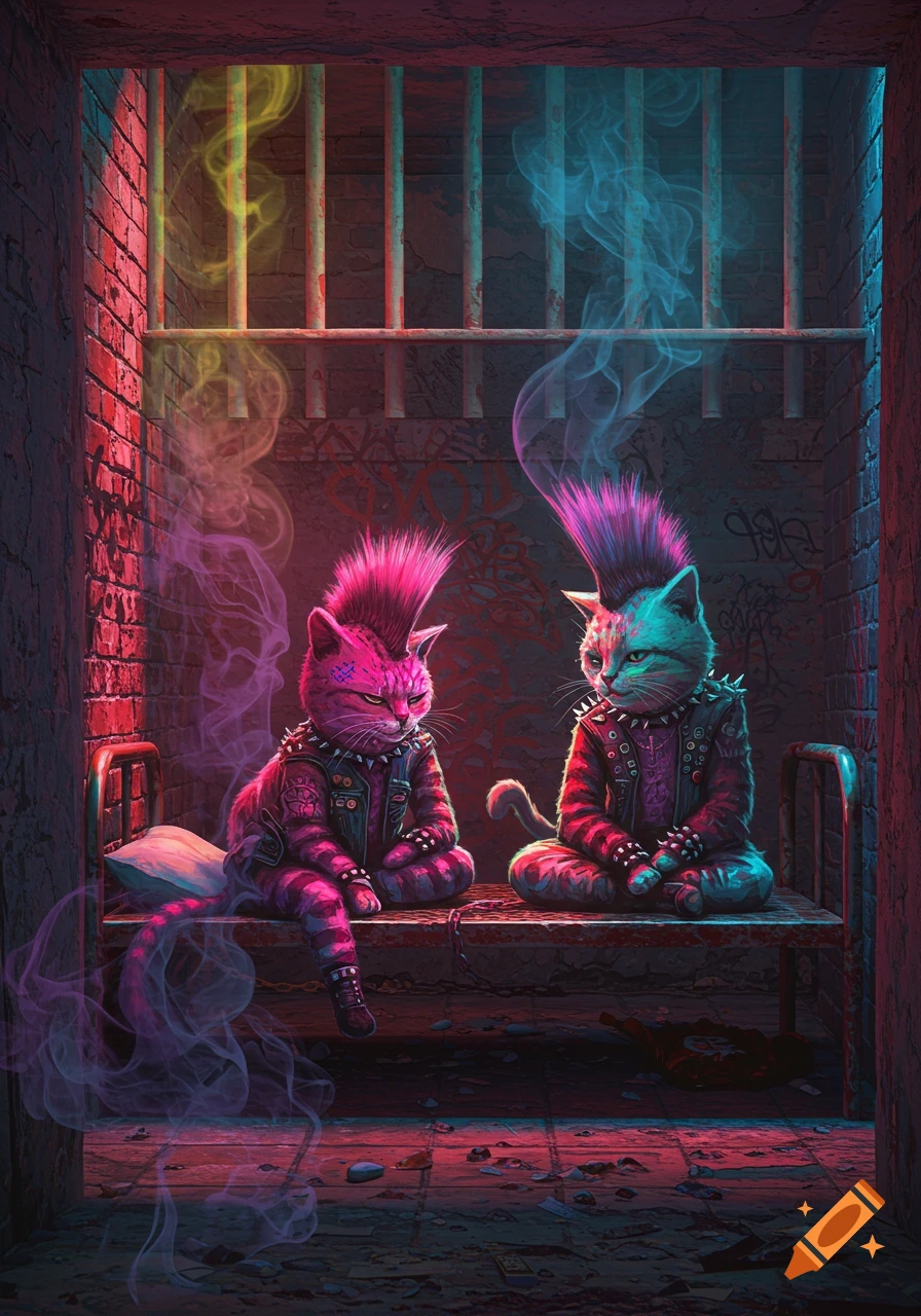 Two punk rock cats with pink mohawks sit on a bed in a vibrant, neon ...