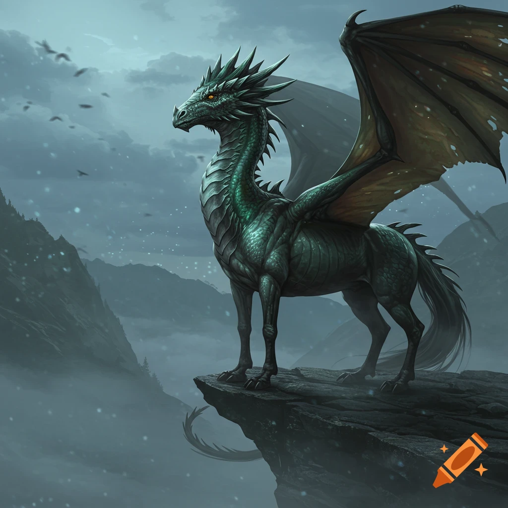 A majestic green horse-dragon with large wings and spikes stands on a ...