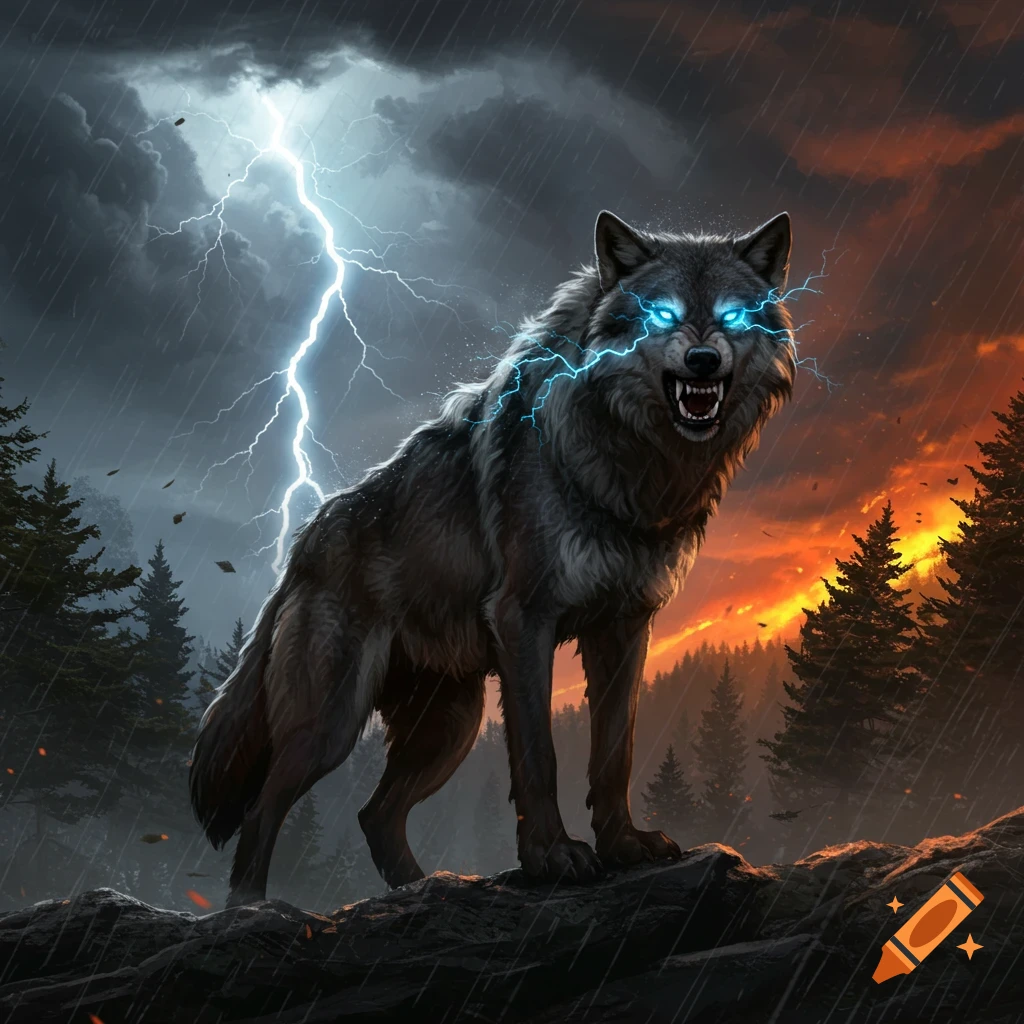 A powerful wolf with glowing blue eyes and lightning stands on a rock ...