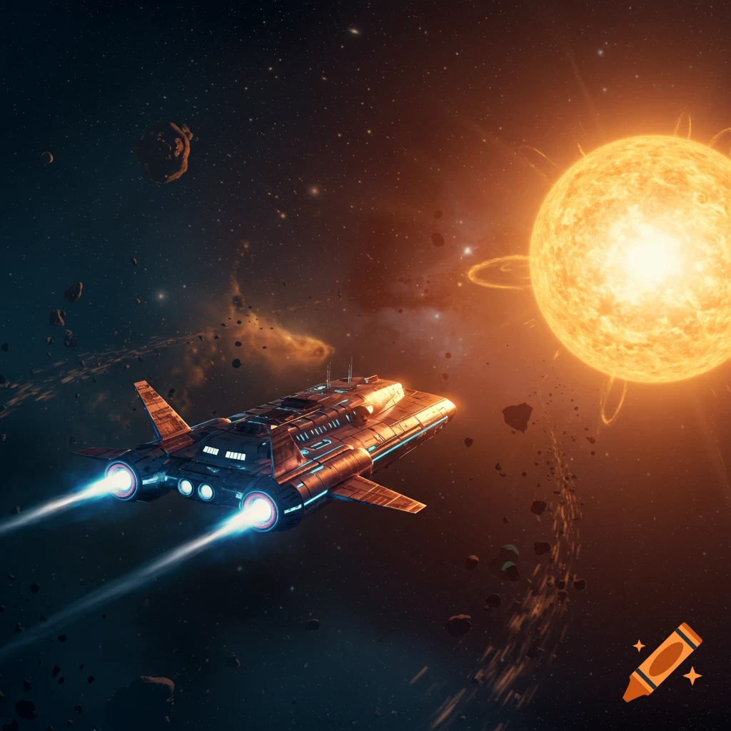 A futuristic spaceship with glowing engines flies through an asteroid ...