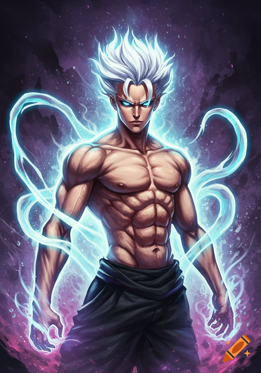 Muscular anime man with white spiky hair, glowing blue eyes, and a blue ...