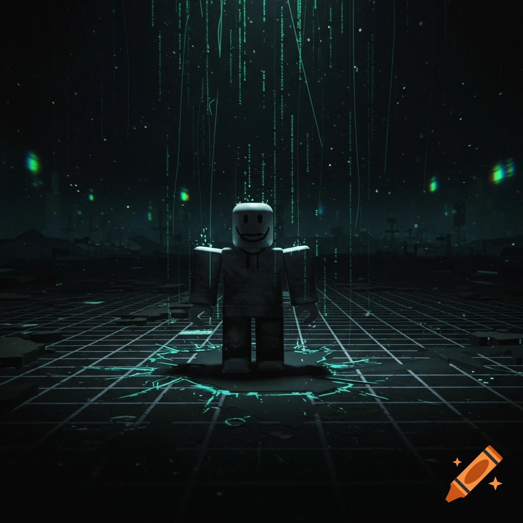 A Roblox character stands on a glowing grid in a dark, Matrix-like ...