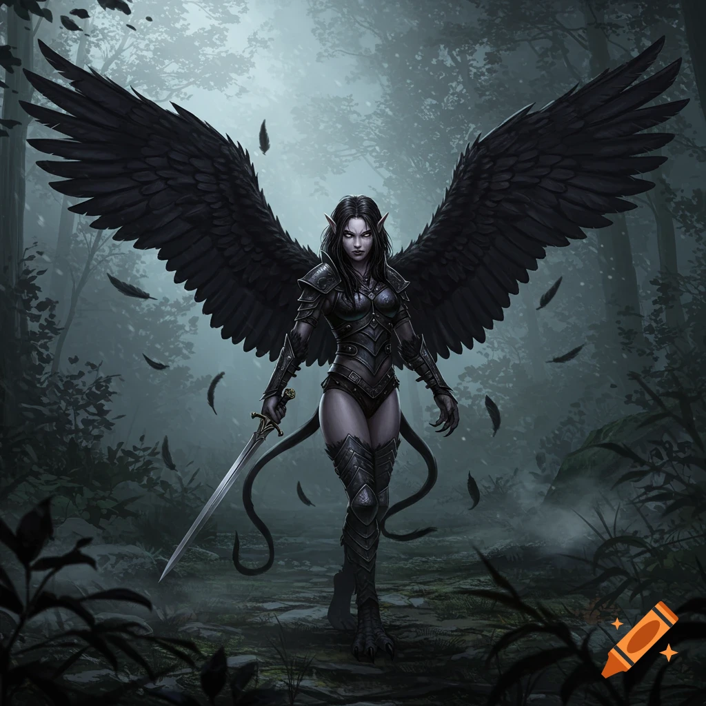 A dark fantasy female creature with large black wings, dark armor, and ...