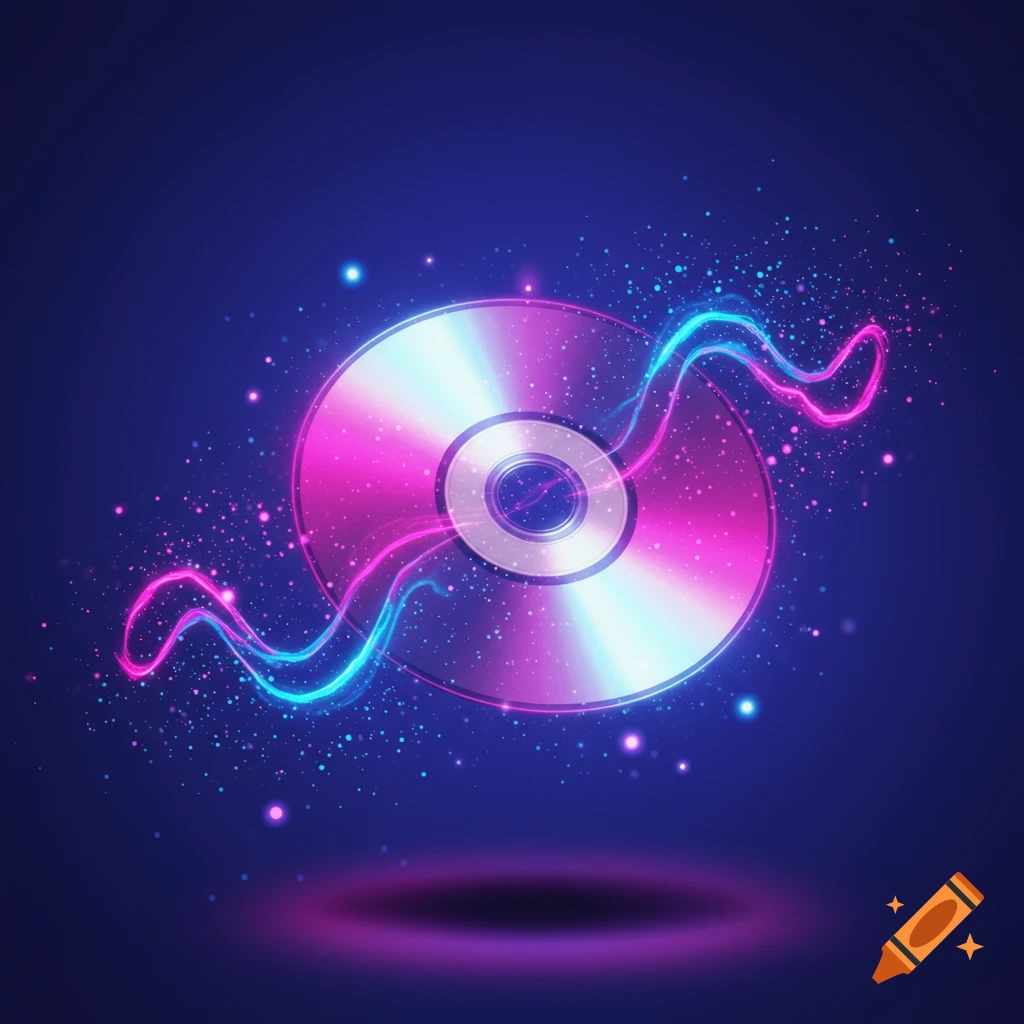 A glowing, reflective compact disc (CD) with neon pink and blue light ...