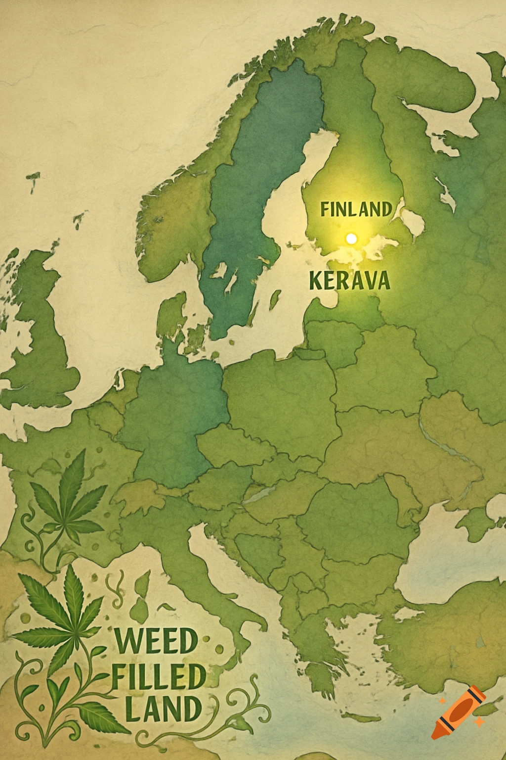 A stylized green and yellow map of Europe, labeling Finland and Kerava ...