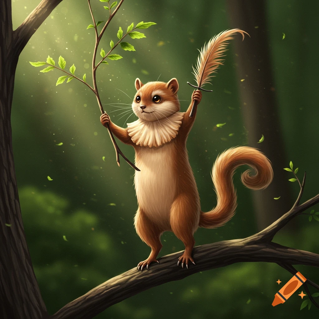 A cute, brown, furry dormouse-like creature stands on a tree branch ...