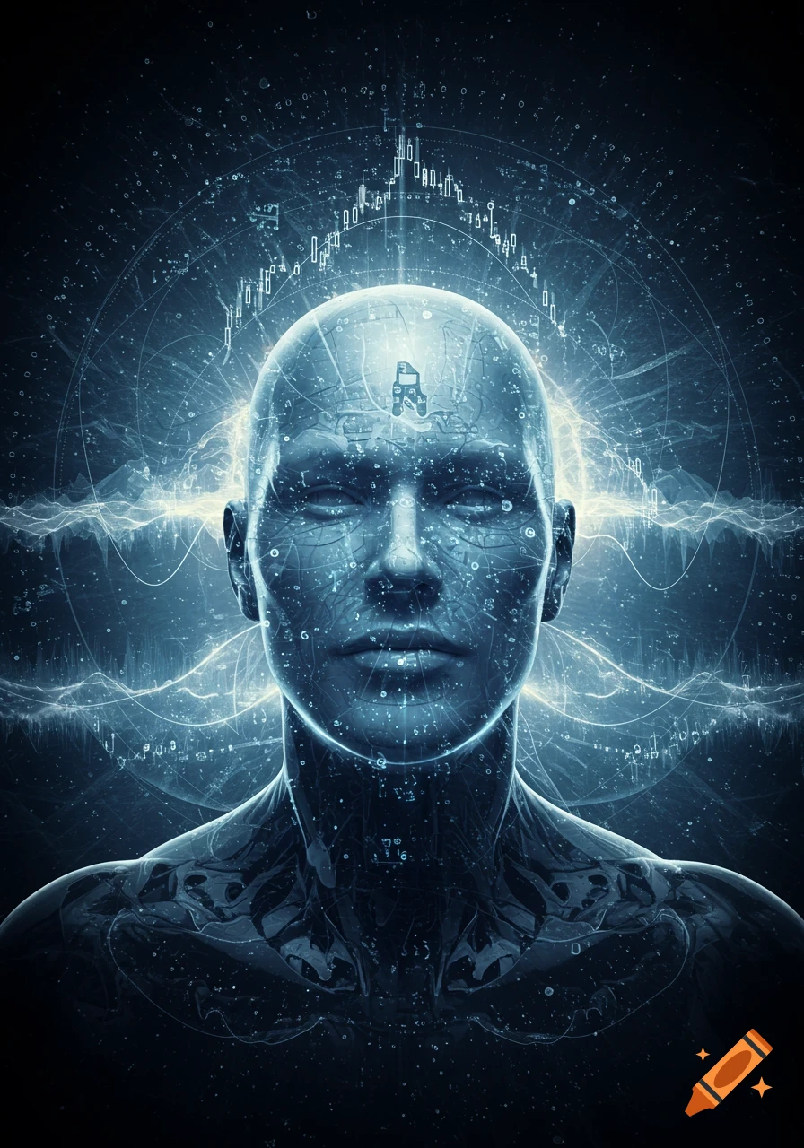 A glowing, transparent, futuristic human head and torso surrounded by ...