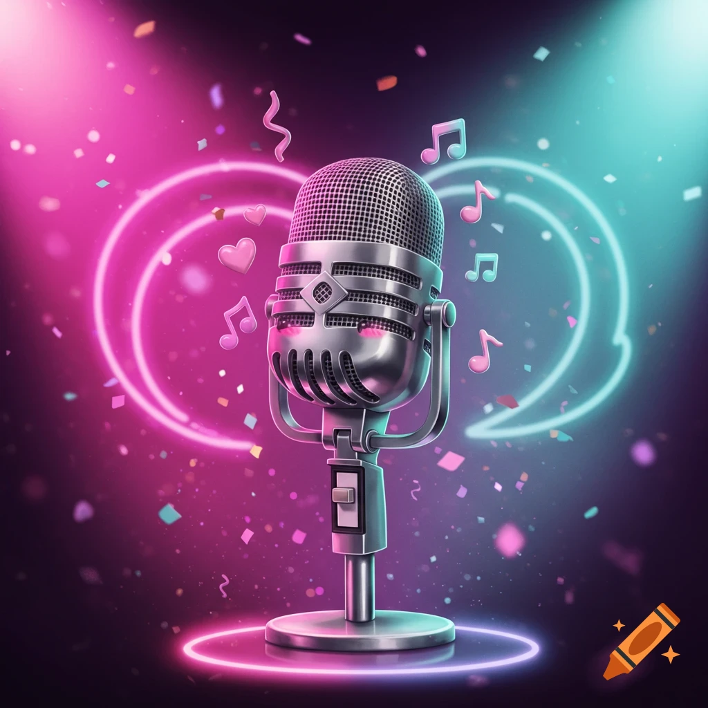 A shiny silver vintage microphone surrounded by glowing pink and blue ...