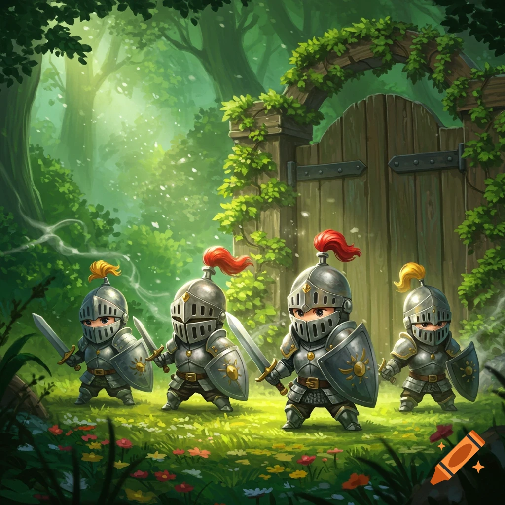 Four chibi knights in full armor with swords and shields stand in a ...