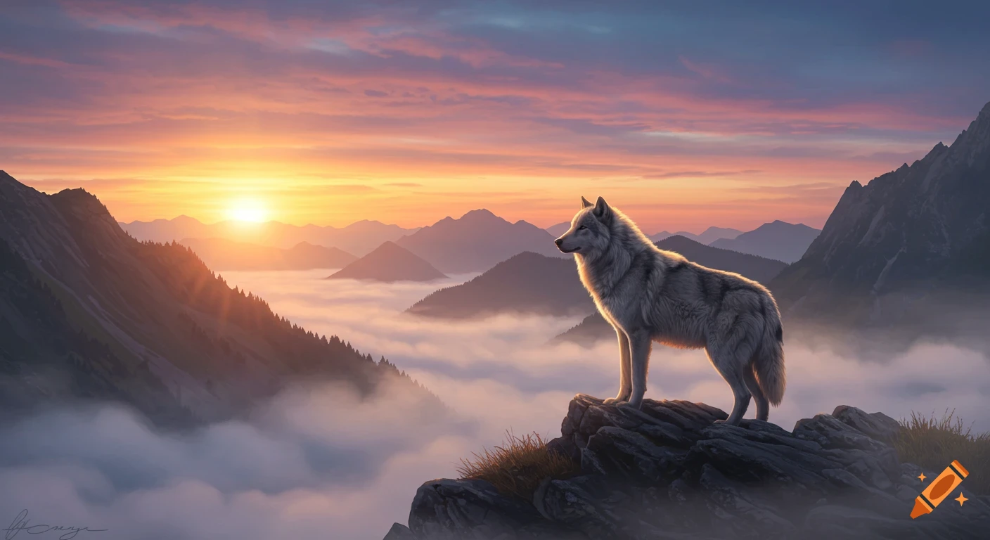 A photorealistic image of a grey wolf leading a pack of white and black ...