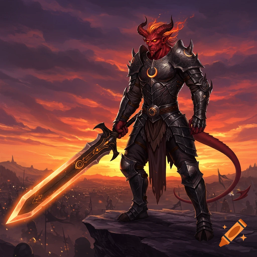 Red-skinned Teifling warrior in dark armor holds a glowing two-handed ...