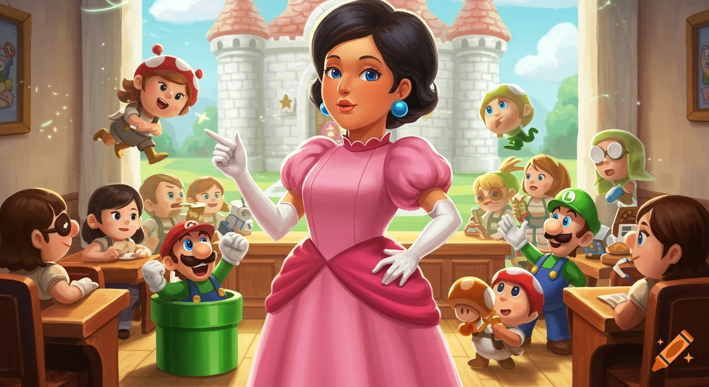 A dark-haired woman in a pink dress teaches a classroom of Mario-themed ...