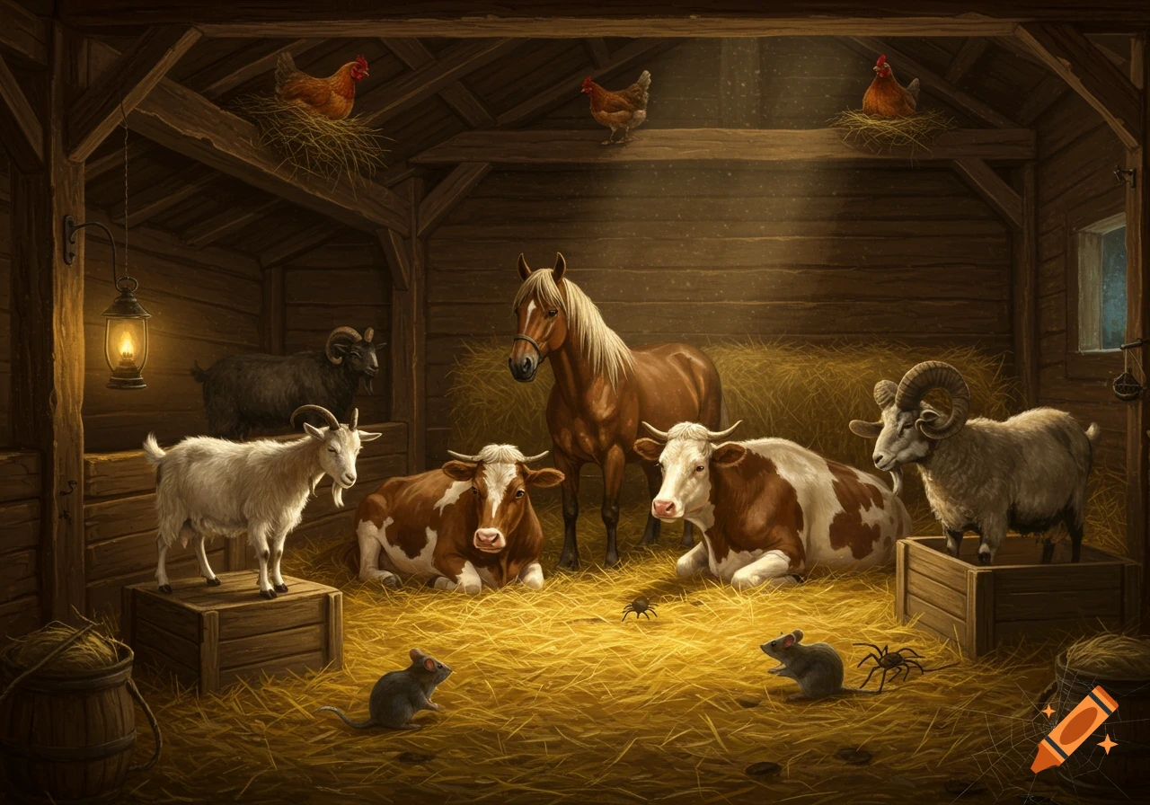 Diverse farm animals and rodents gathered in a warm, detailed stable ...