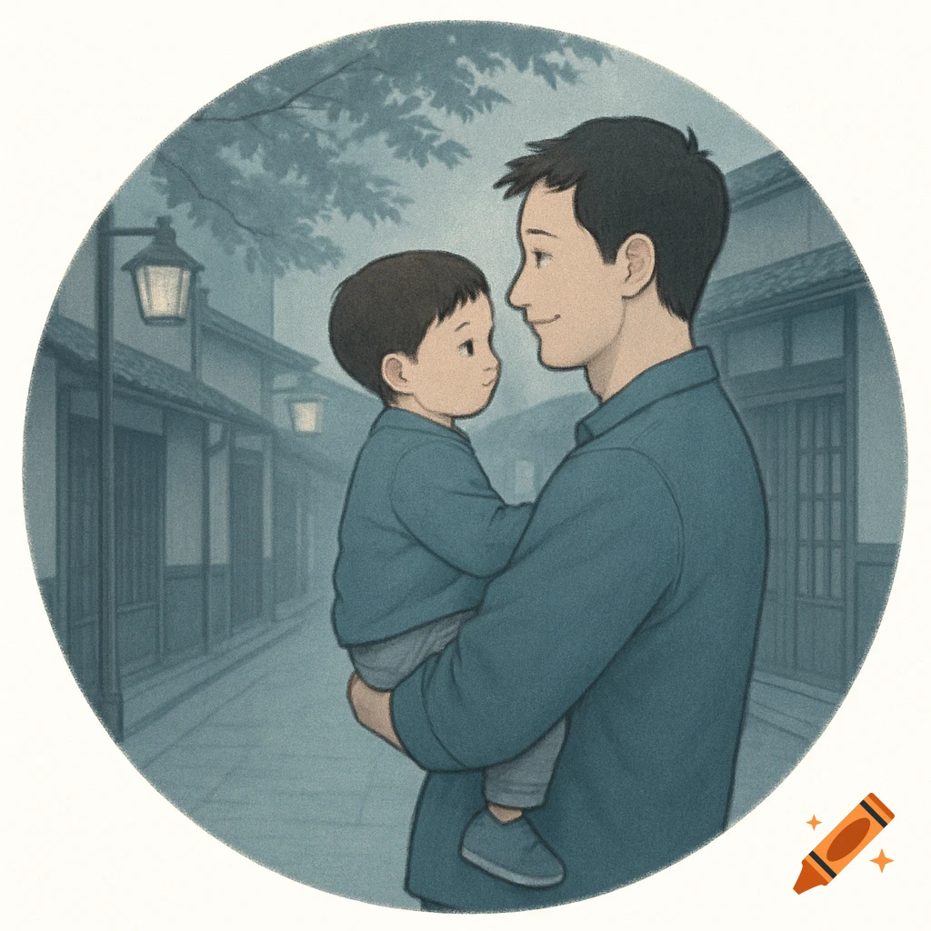 Illustration of a father holding a child, looking at each other, on a ...