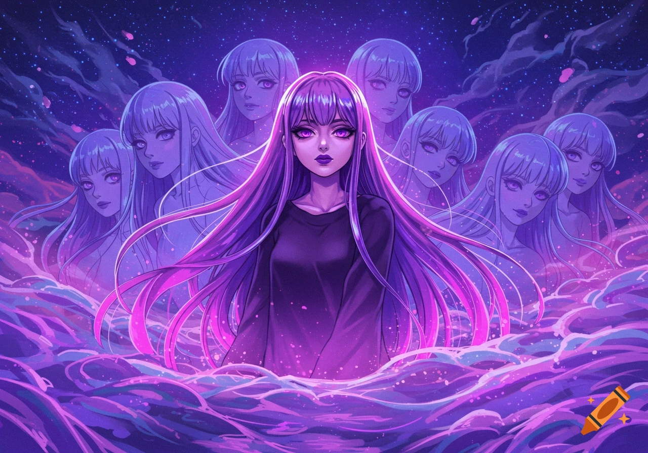 An anime girl's face split vertically. The left side is ice blue, with ...