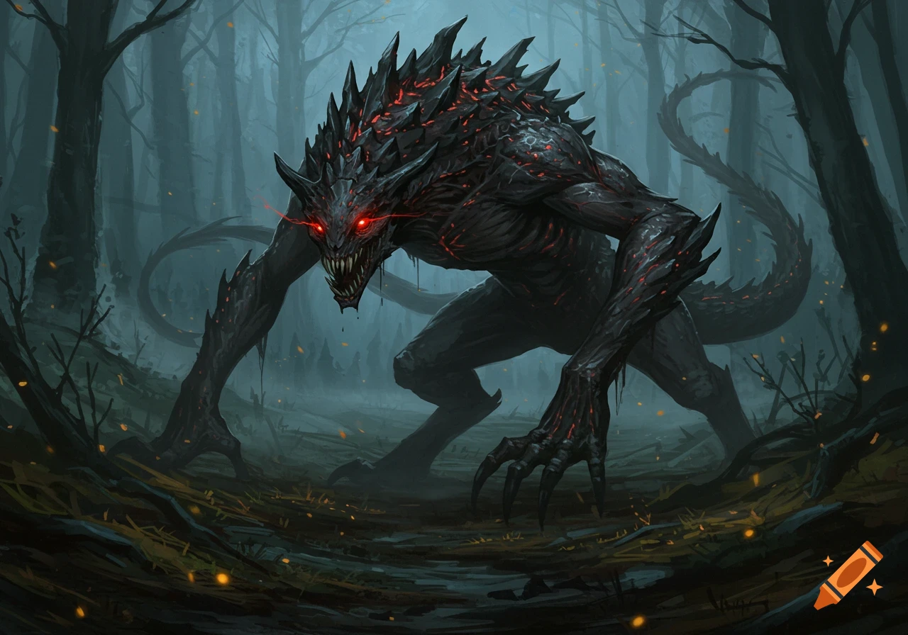 A towering, moss-covered "Forest Brute" with glowing red eyes and a ...