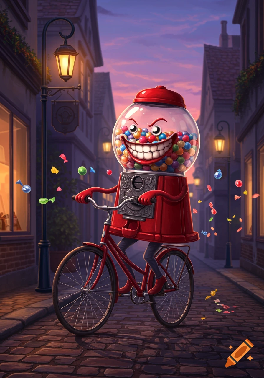 A whimsical red gumball machine with an evil grin, filled with colorful ...