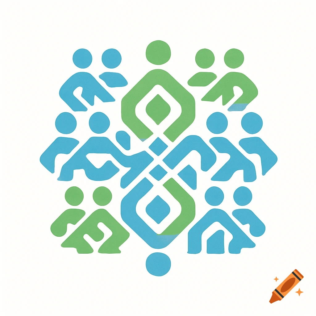 A logo featuring a blue and green stylized lotus flower with two hands ...