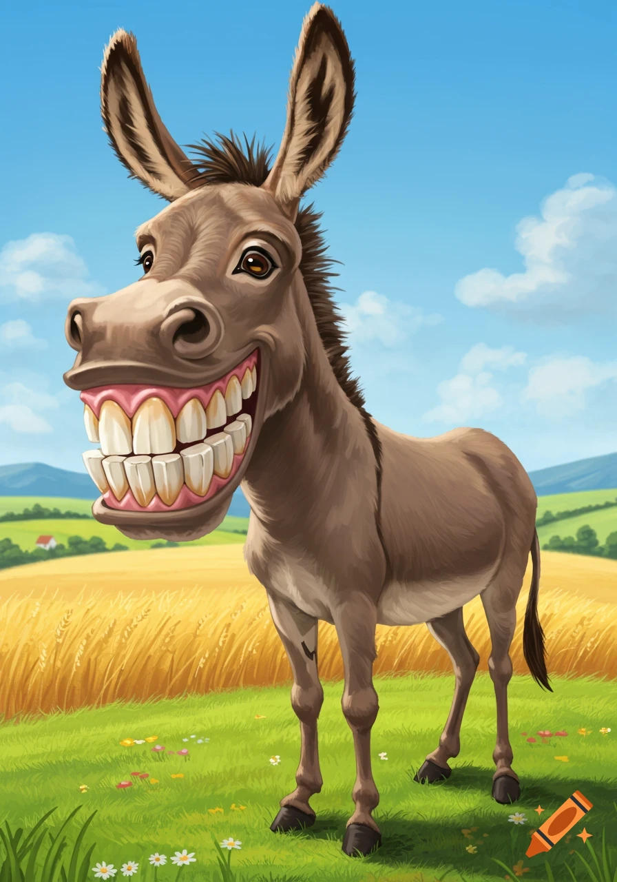 Cartoon-style gray donkey-like creature with a stubborn frown, standing on a path in a landscape ...