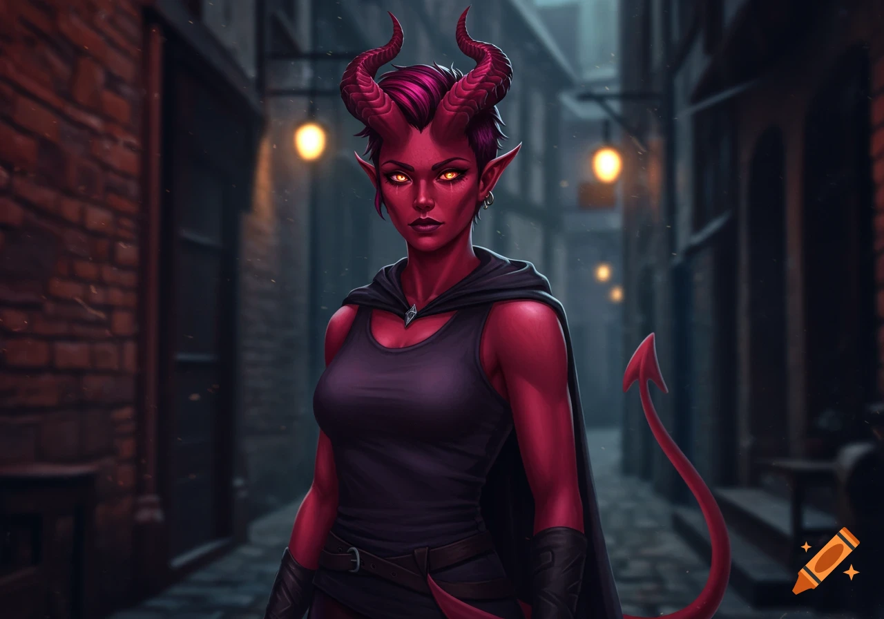 A red-skinned female tiefling with horns, glowing eyes, and a tail ...