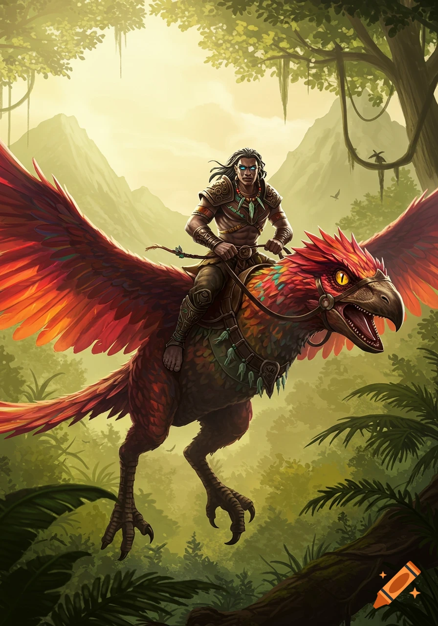 A warrior with long dark hair rides a large, vibrant, bird-like ...