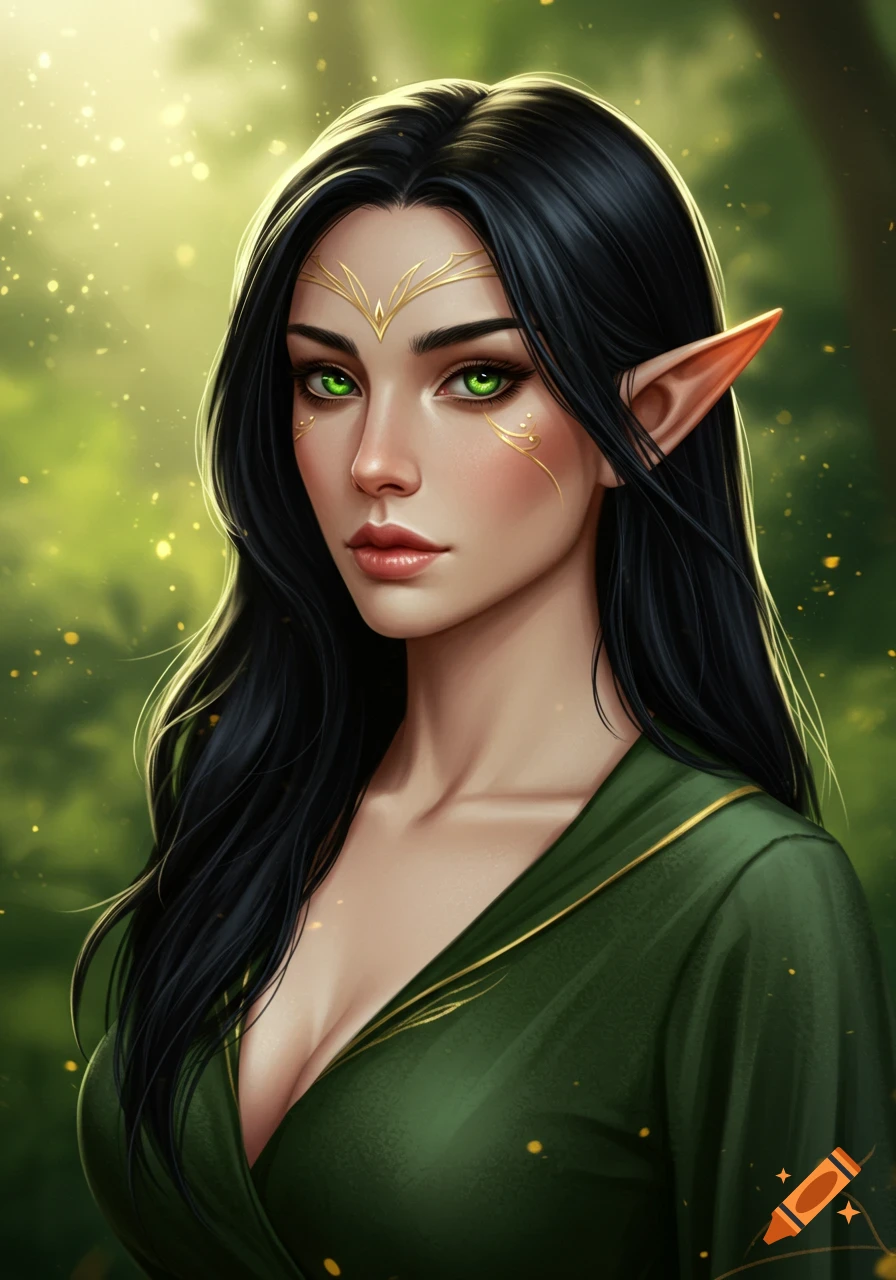 Digital art portrait of a woman with vibrant green hair, braids, bangs ...